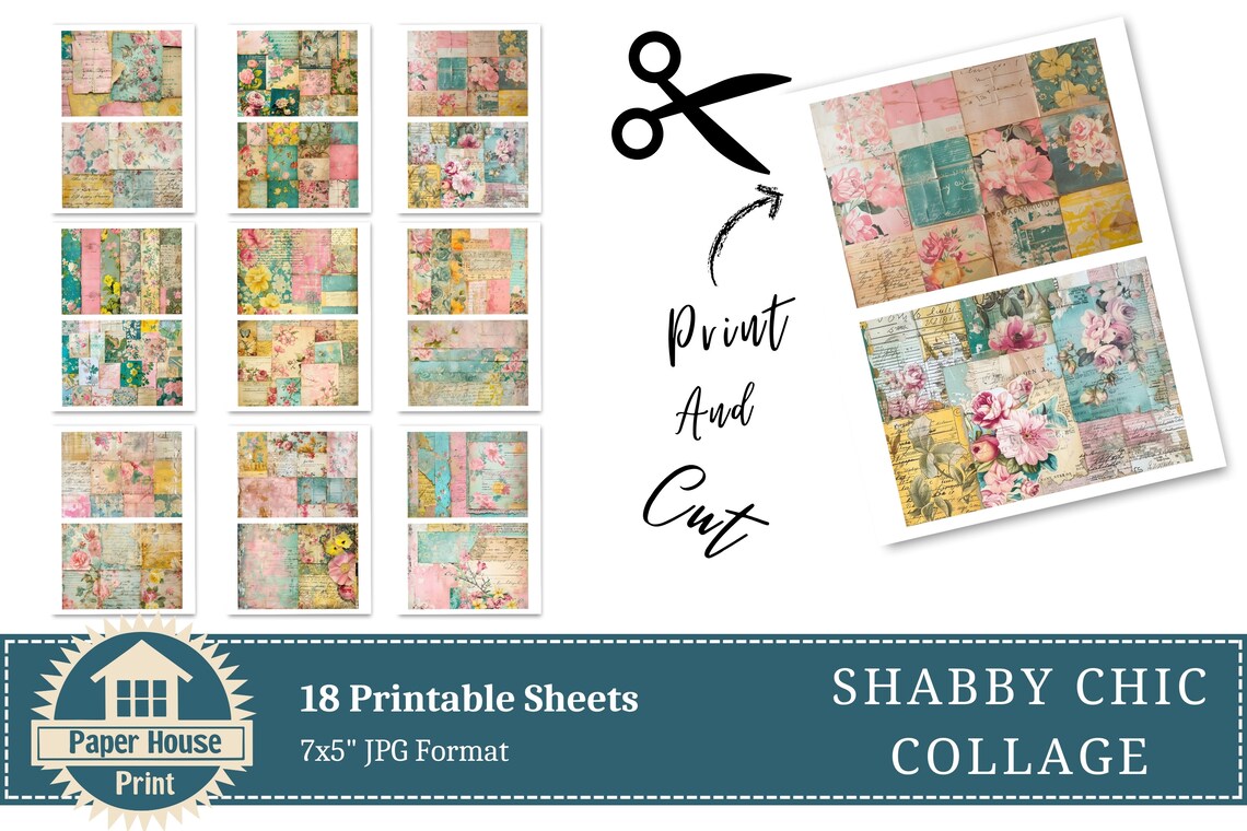 Vintage Shabby Chic Collage Paper, Printable Junk Journal Sheets, ATC ...