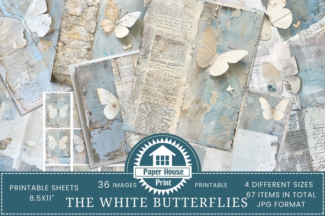 White Butterflies Junk Journal Paper Pack, White and Baby Blue ...
