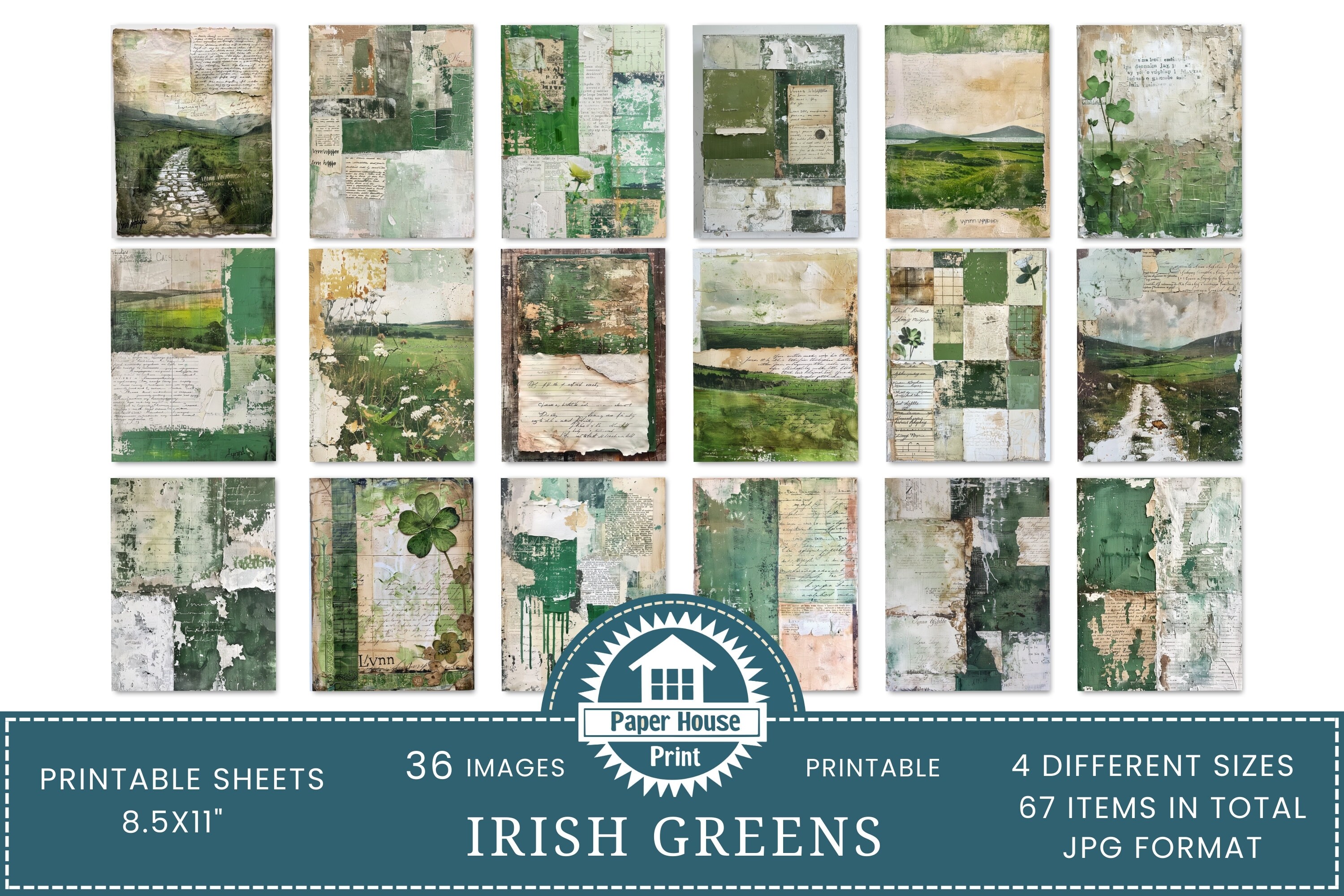 Irish Greens Junk Journal Pages, Natures Palette Mixed Media Paper ...
