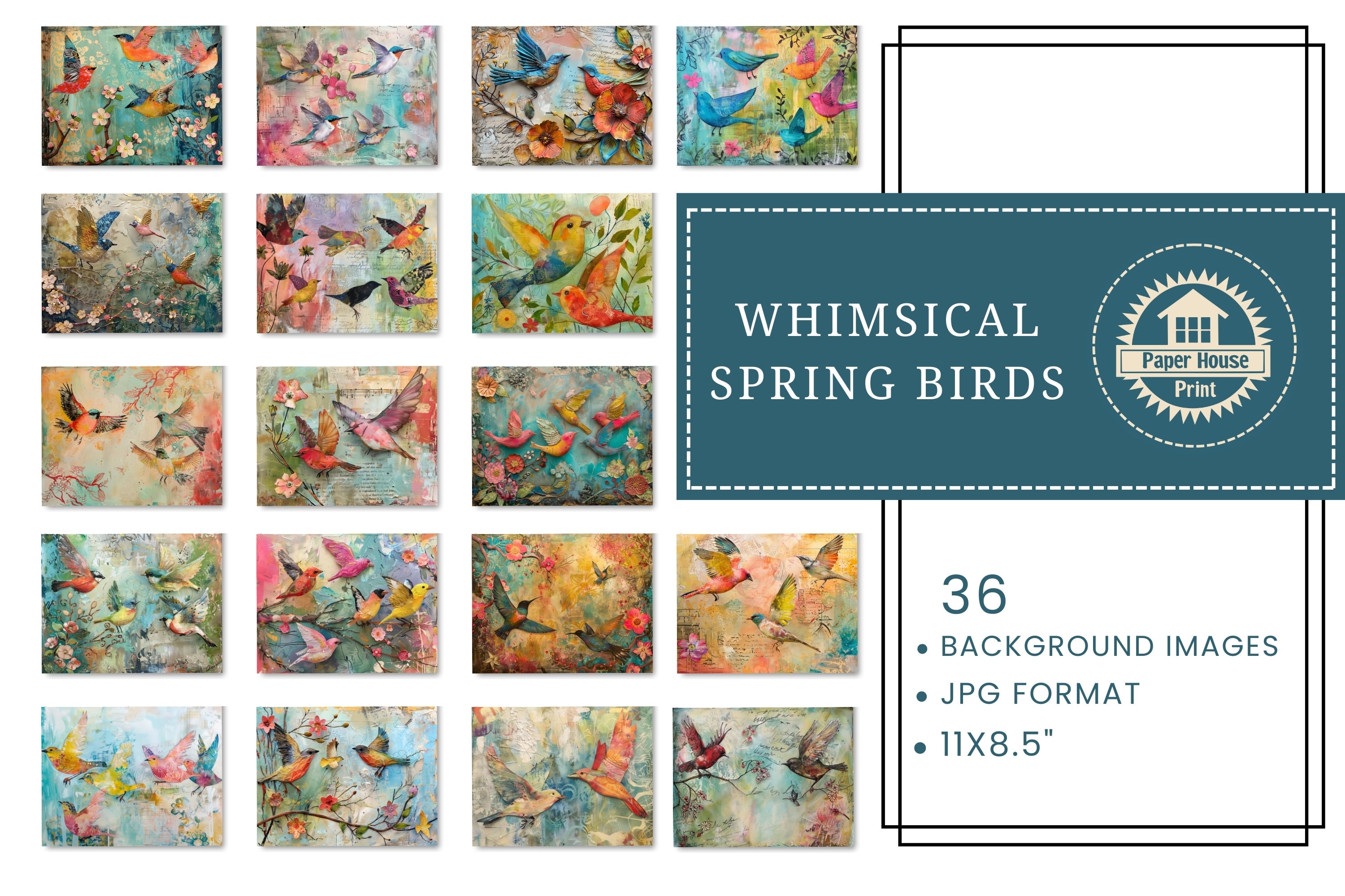 Mixed Media Spring Birds Printable Sheets, Colorful Whimsical Digital ...