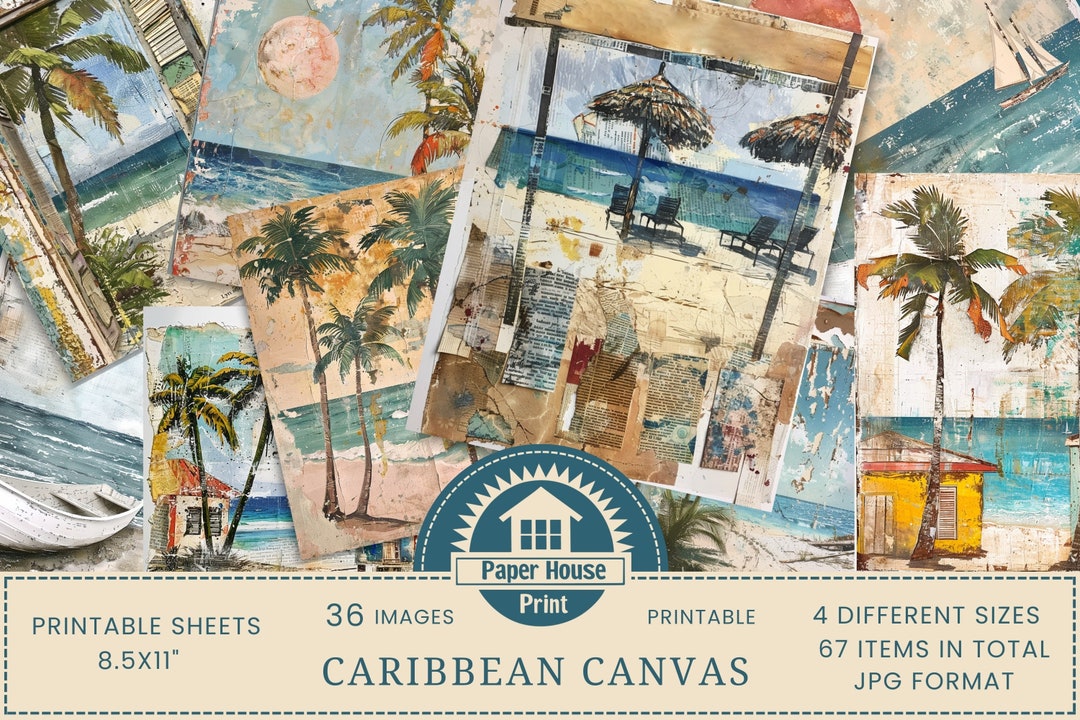 Caribbean Canvas Digital Papers, Palm Trees, Junk Journal Paper, Grunge ...