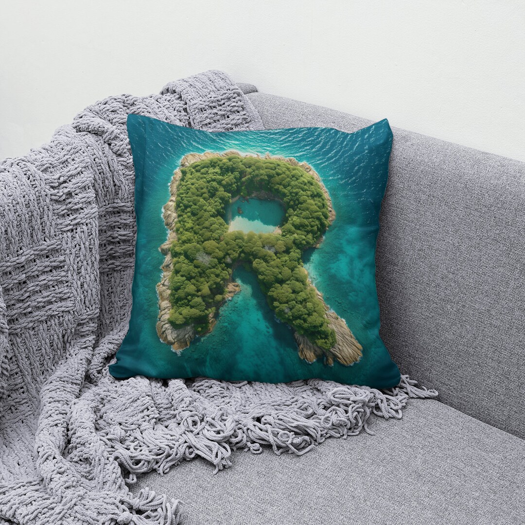 Faux Suede Square Pillow, Letter R Shaped Tropical Island Initial ...