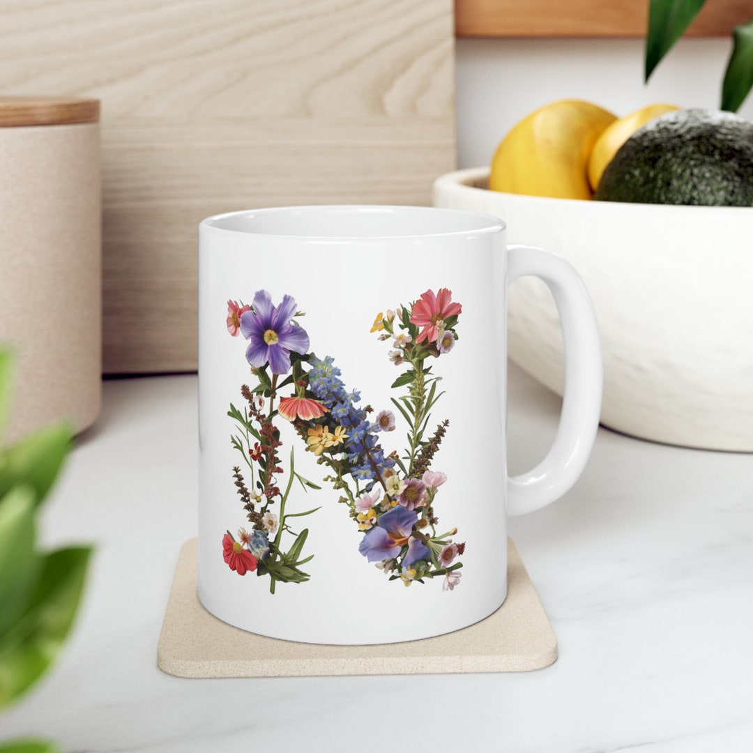 11oz WHITE COFFEE MUG, Letter N Wild Flower Initial / Monogram Coffee ...