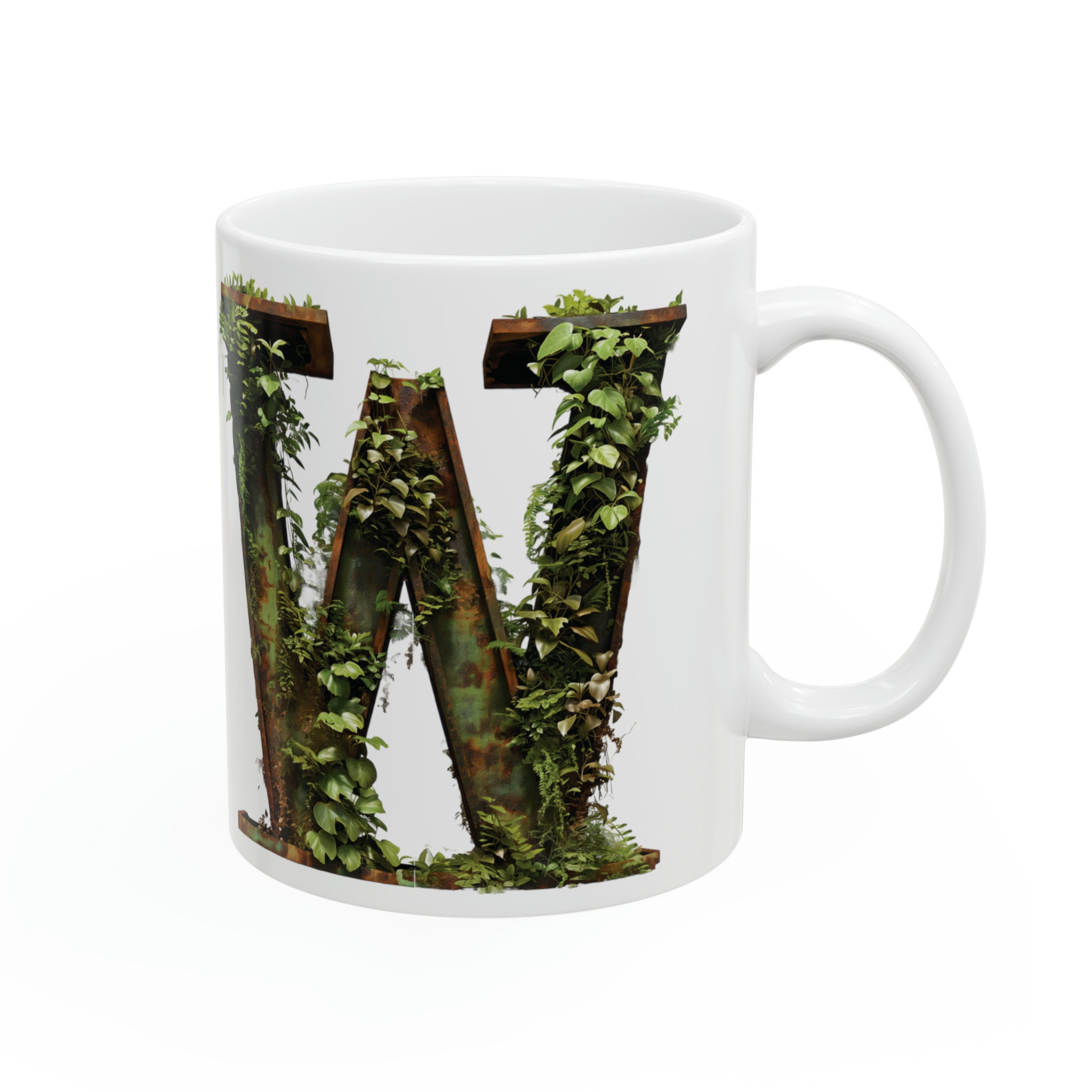 11oz WHITE COFFEE MUG, Letter W Overgrown Rusting Metal Sculpture ...