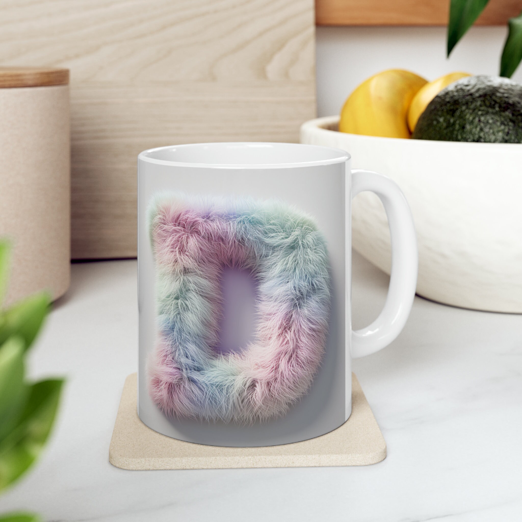 11oz WHITE COFFEE MUG, Letter D Pastel Colored Faux Fur Plushie Initial ...