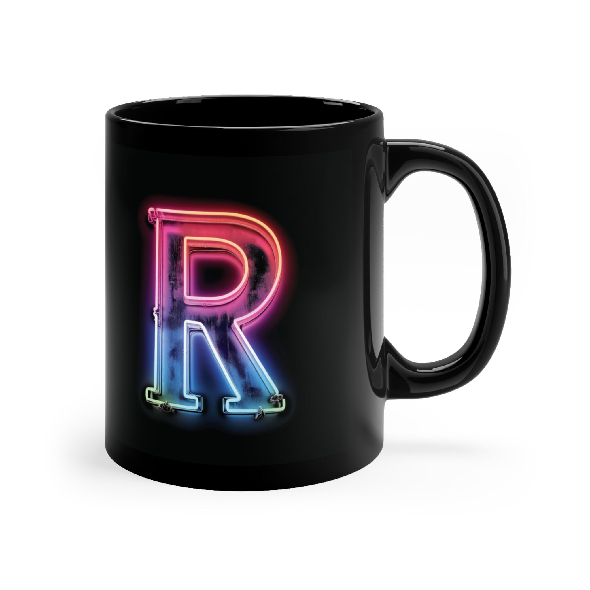 11oz BLACK COFFEE MUG, Letter R Neon Sign Initial / Monogram Coffee ...