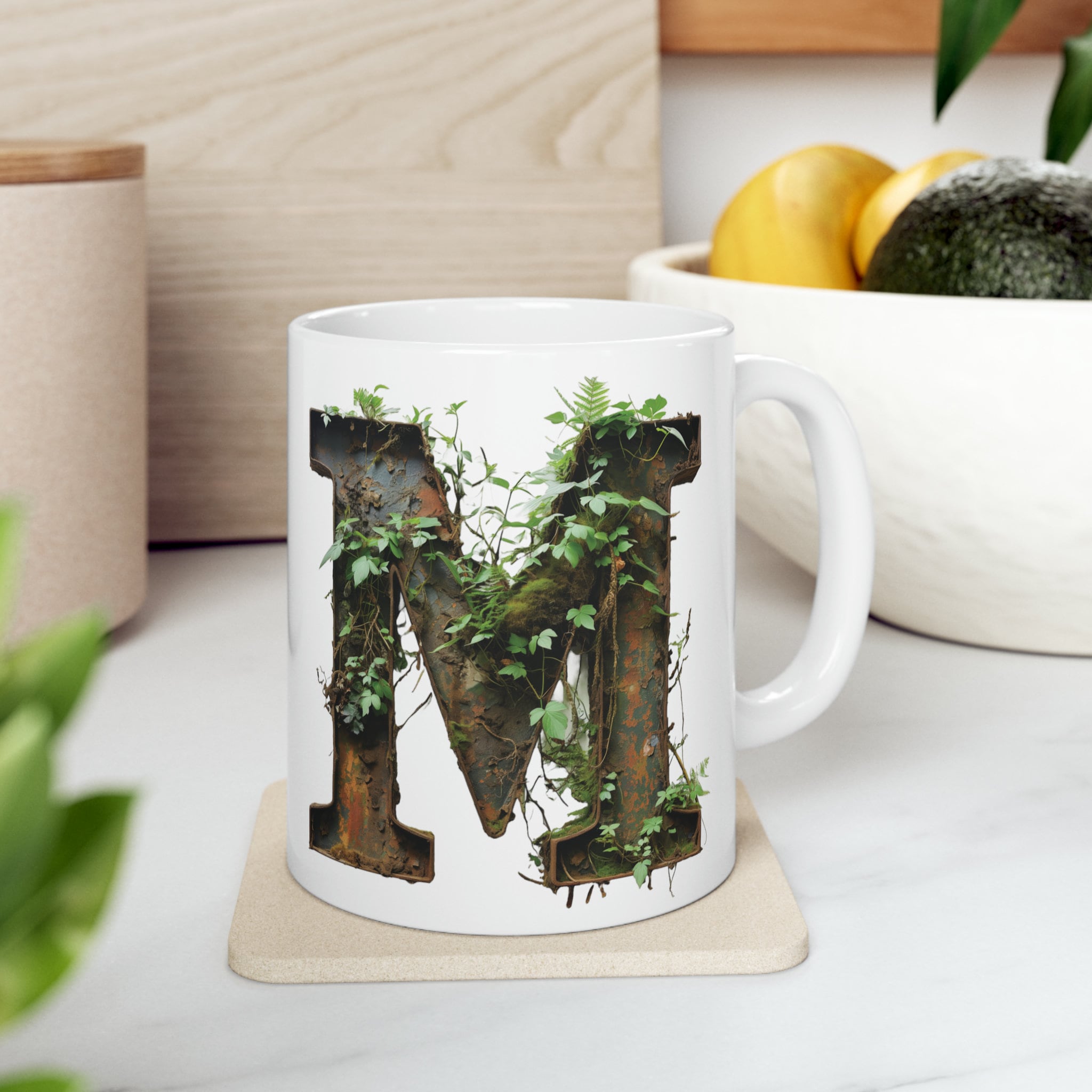 11oz WHITE COFFEE MUG, Letter M Overgrown Rusting Metal Sculpture ...