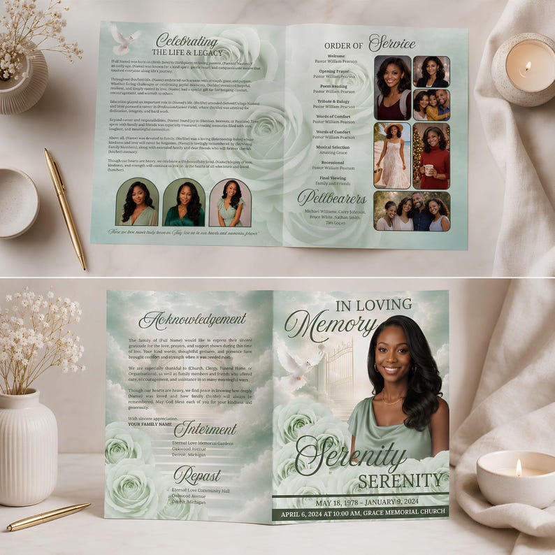 Green Roses Funeral Program Template Heaven, 4 Pages Celebration of ...
