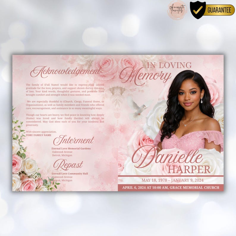 Funeral Program Template, 8 Pages Celebration of Life, Obituary Bi-fold ...