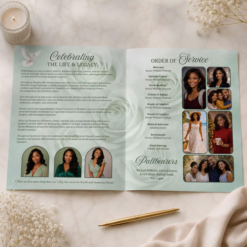 Green Roses Funeral Program Template Heaven, 4 Pages Celebration of ...