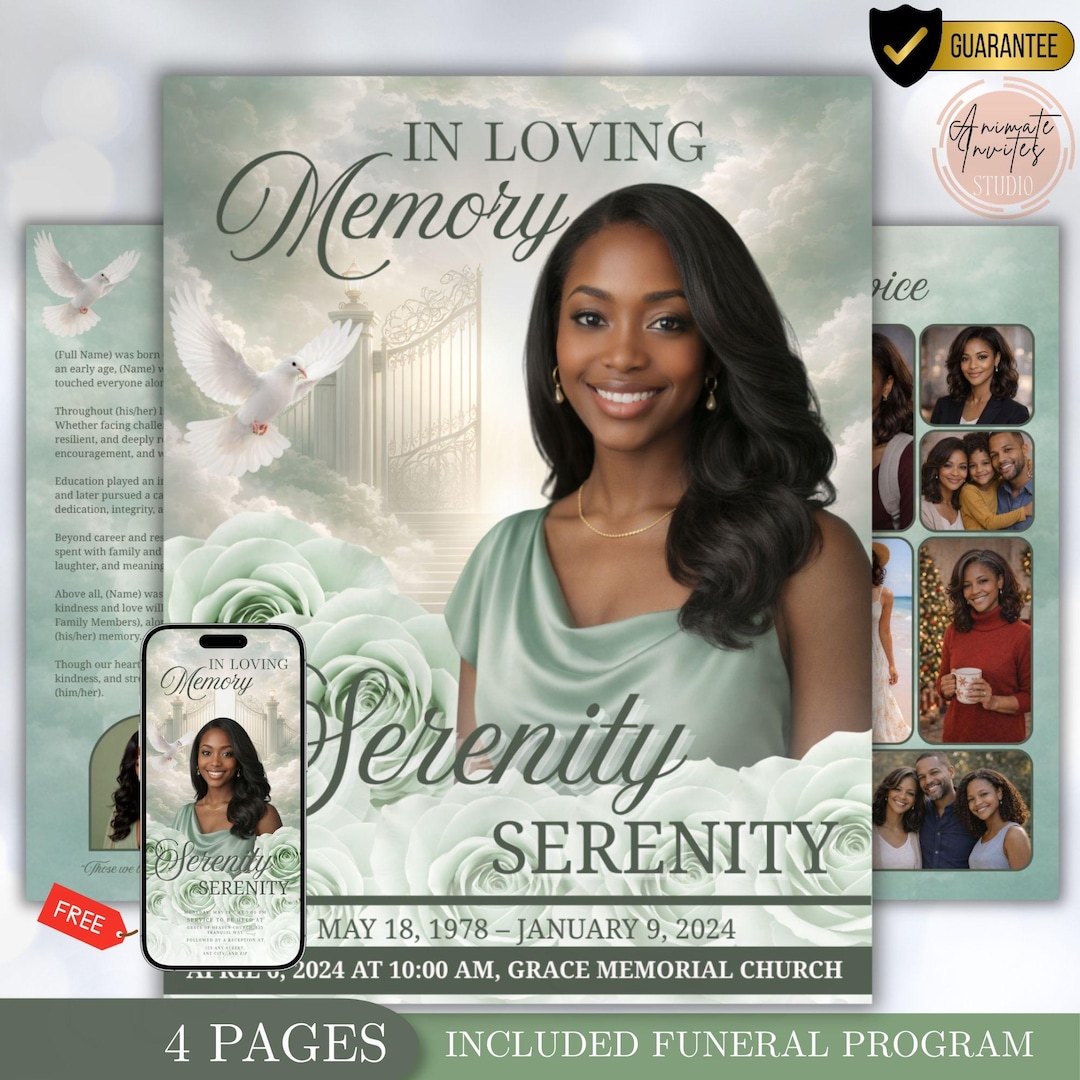 Green Roses Funeral Program Template Heaven, 4 Pages Celebration of ...