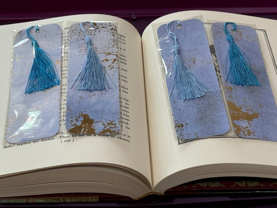 Blue Bookmarks Set of 4 With Tassels, Handmade Bookmark, Blue Marble ...