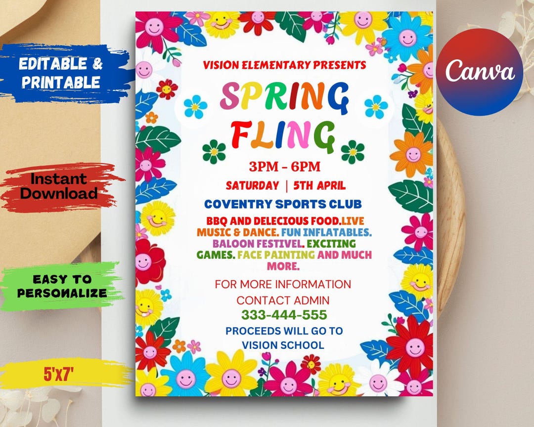 Spring Fling School Flyer Invitation, Editable Spring Fling Festival ...