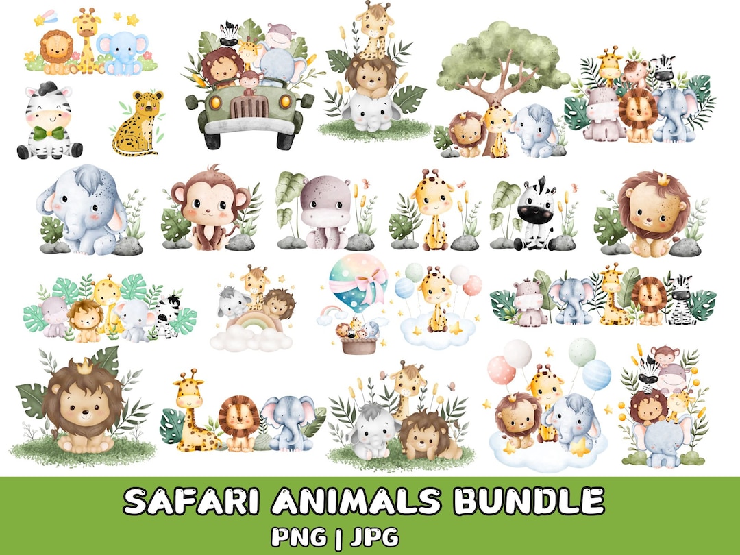 Watercolor Safari Animals Clipart: Baby Shower PNG, SVG, JPG - Etsy