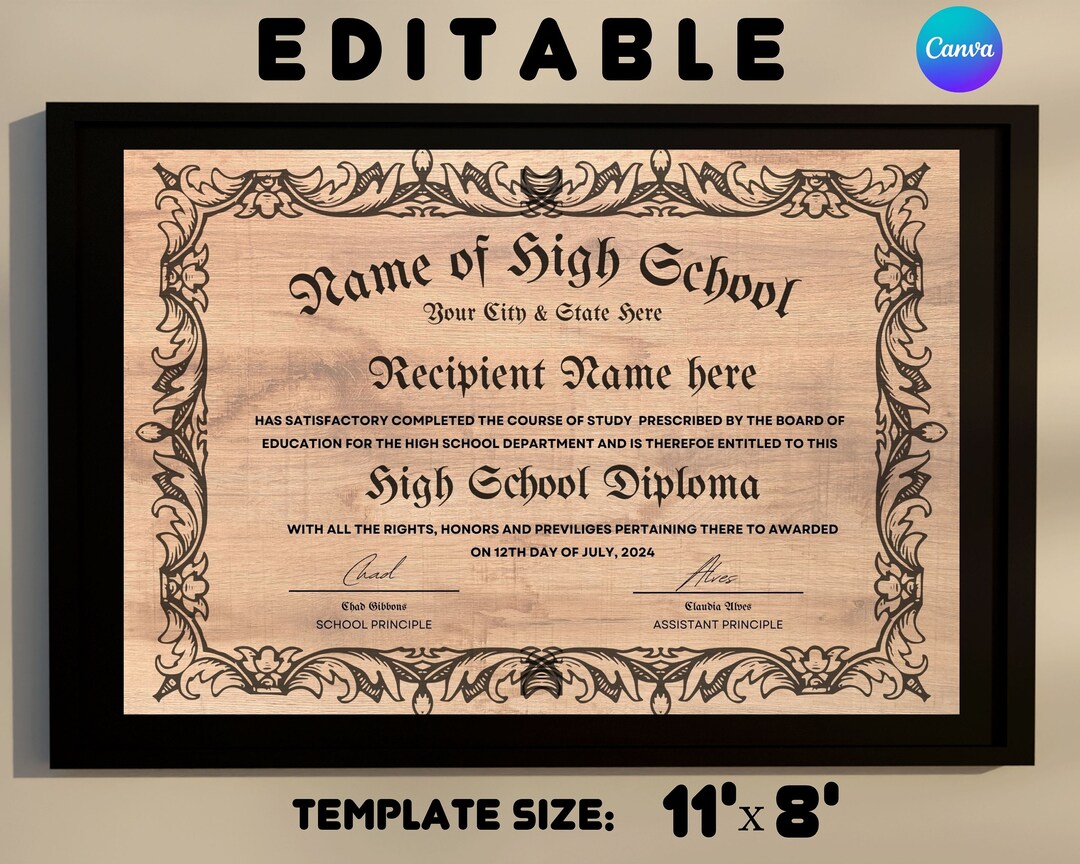 Canva Editable High School Diploma Template (11.6 X 8.2 Inches) - Etsy