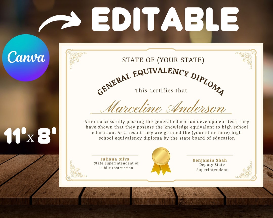 GED Diploma Certificate Template: Editable School Equivalency (canva ...