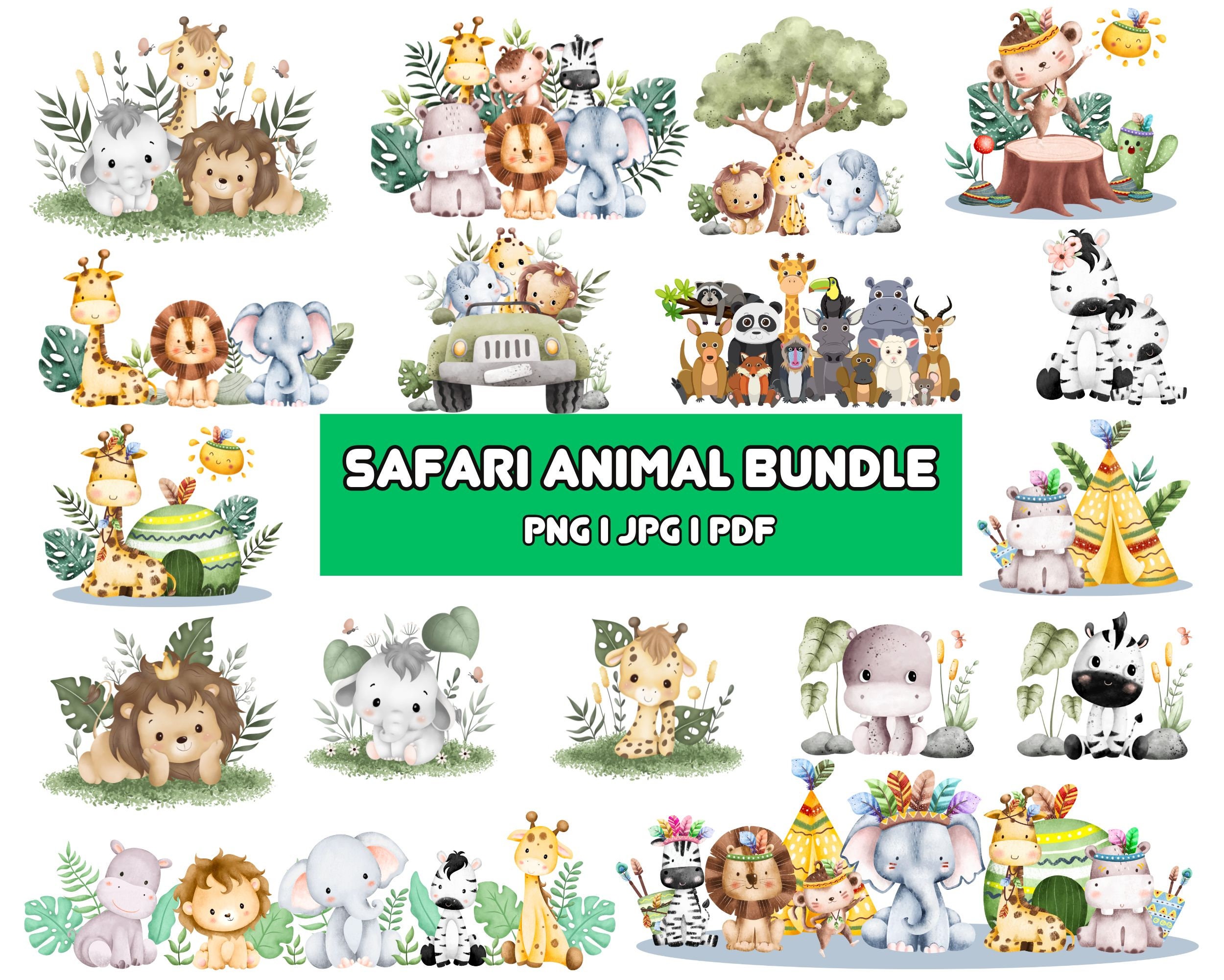 Watercolor Safari Animals Clipart: Baby Shower PNG, SVG, PDF (digital ...
