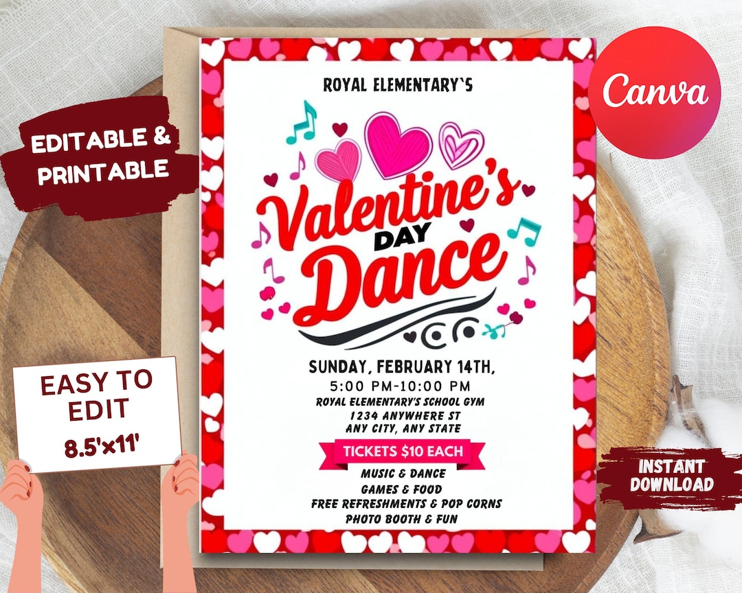 Valentine's Day School Dance Flyer, Editable Valentine's Day Dance ...