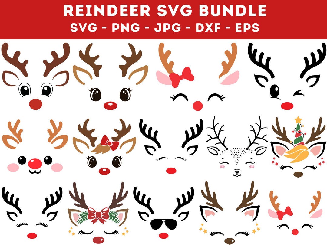 Christmas Reindeer Faces SVG PNG Bundle, Girl Reindeer SVG, Boy ...