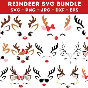 Christmas Reindeer Faces SVG PNG Bundle, Girl Reindeer SVG, Boy ...