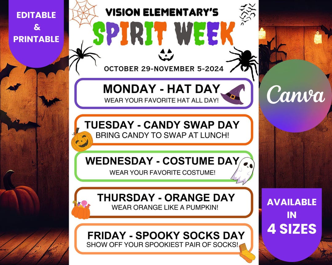 Editable Fall Spirit Week Flyer: School Event Schedule (canva) - Etsy