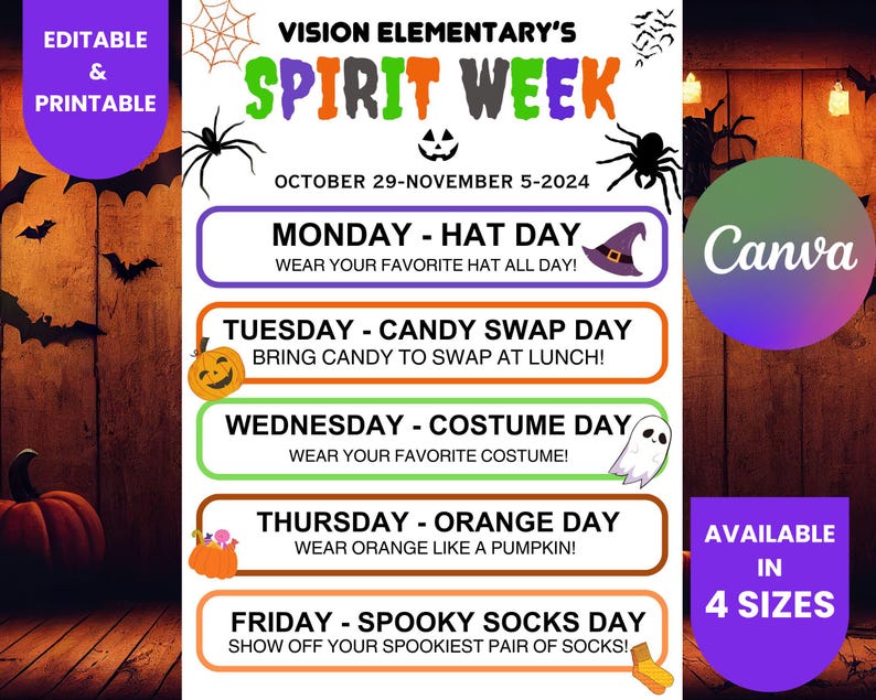 Editable Fall Spirit Week Flyer Template, School Spirit Schedule, Canva ...