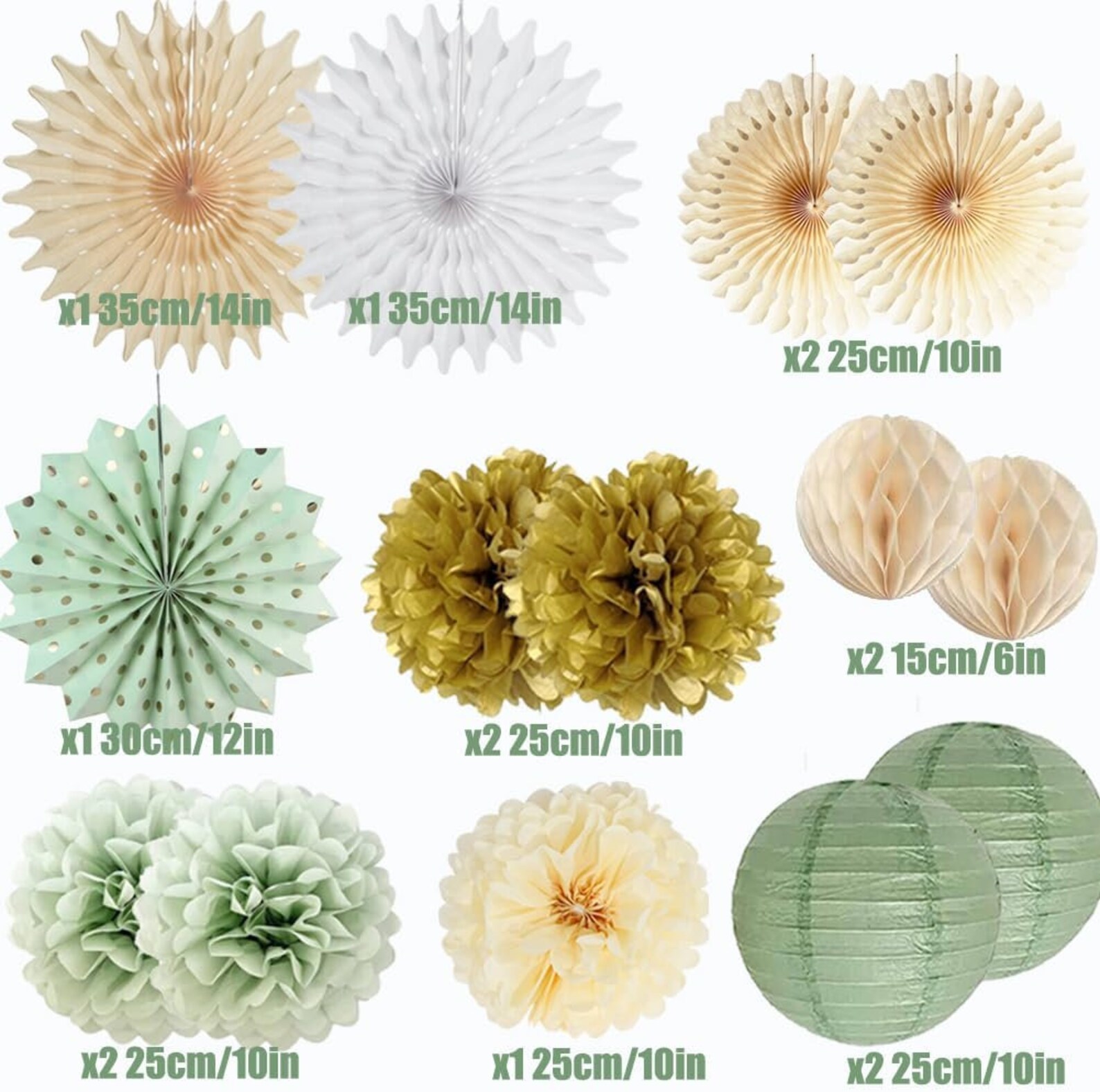 Sage Party Decorations Sage Green and Gold Paper Pom Poms Paper Fans ...