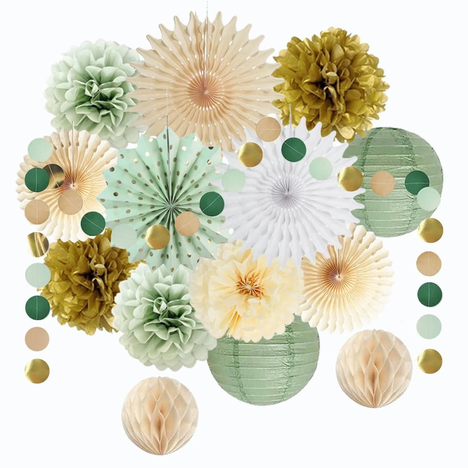 Sage Party Decorations Sage Green and Gold Paper Pom Poms Paper Fans ...
