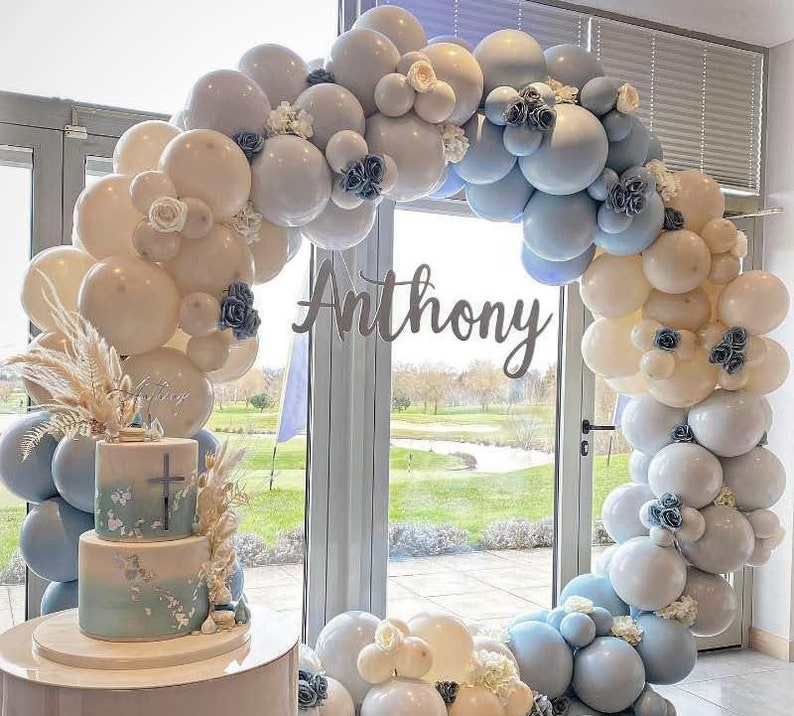 Dusty Blue White Sand Balloon Arch Garland Kit 141pcs Slate Fog Baby Blue Sand White Beige ...