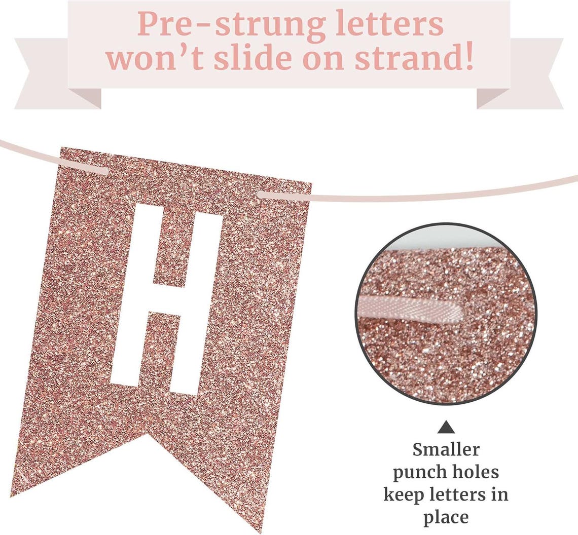 Pre-strung Happy Birthday Banner NO DIY Rose Gold Glitter Birthday ...