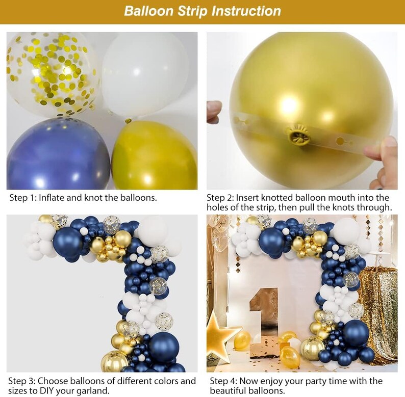 174pcs Navy Blue Gold Balloons Garland Arch Kit, Metallic Gold Latex White Confetti Mixed Sizes ...