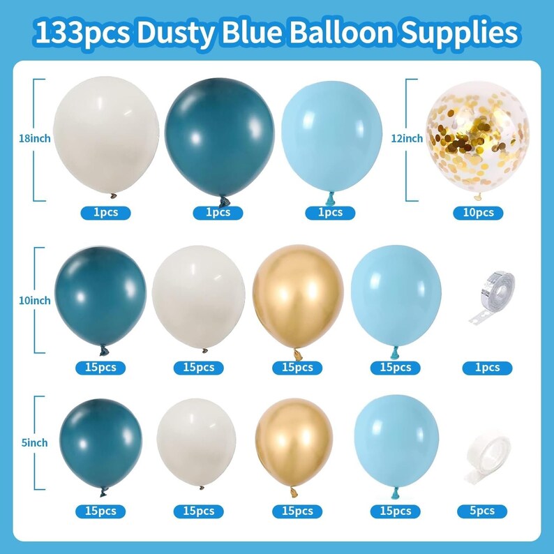 Dusty Blue Balloon Garland Kit, Dusty Slate Fog Baby Blue Metallic Gold ...