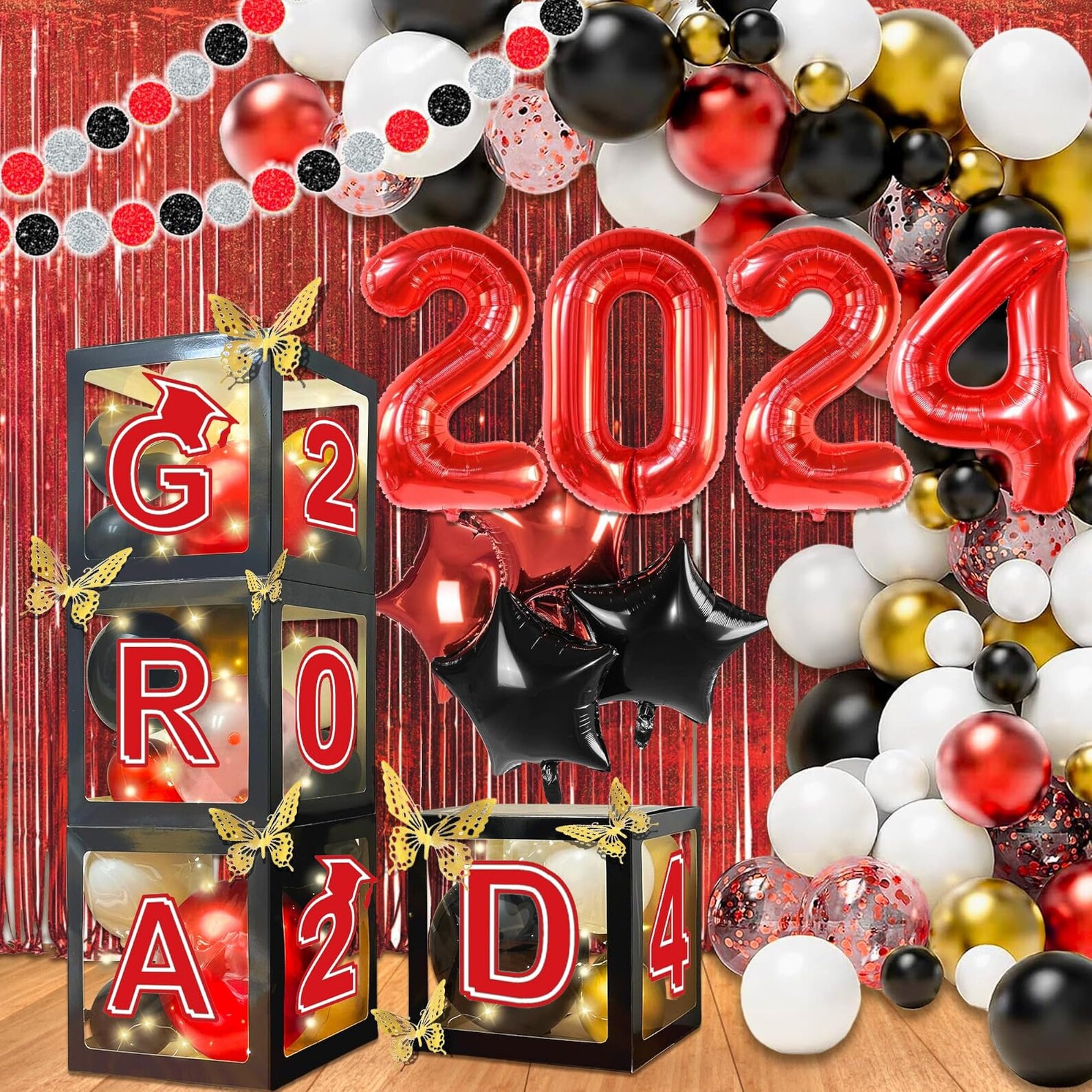 107 Pcs Black and Red Graduation Decorations Class of 2024 Balloon ...