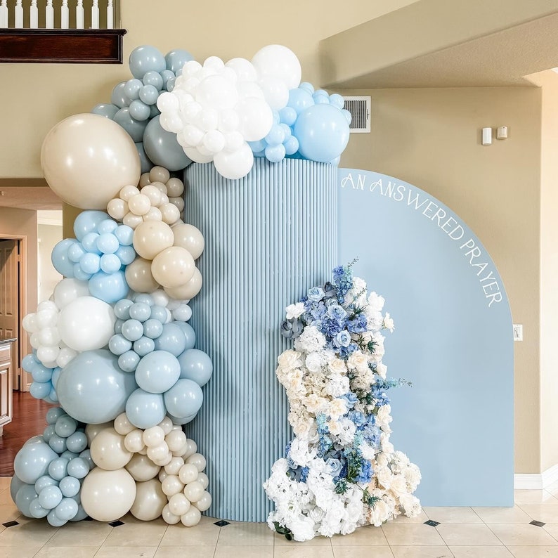 Dusty Blue White Sand Balloon Arch Garland Kit 141pcs Slate Fog Baby Blue Sand White Beige ...