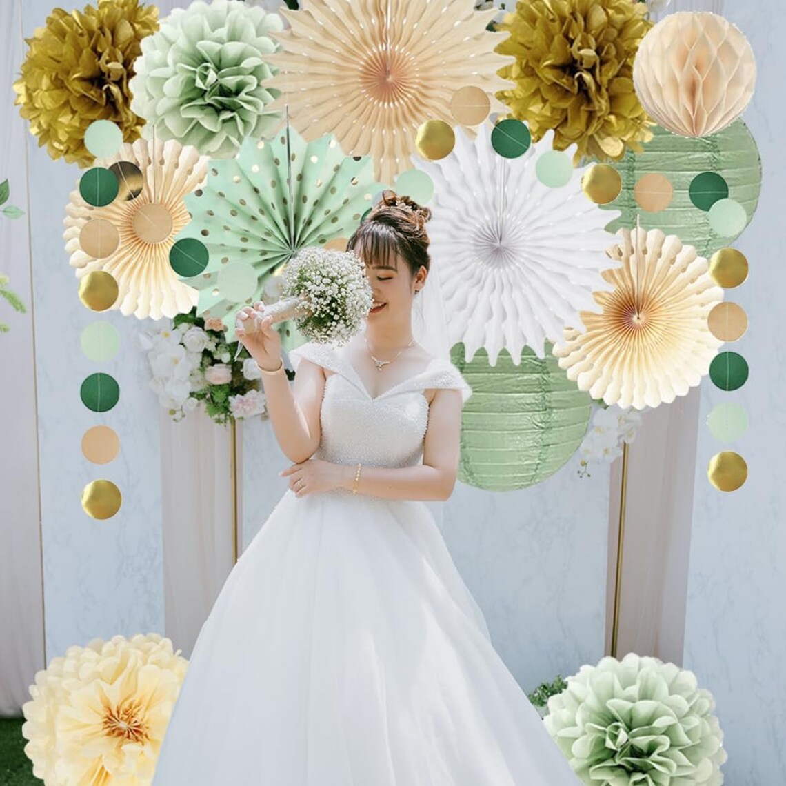 Sage Party Decorations Sage Green and Gold Paper Pom Poms Paper Fans ...