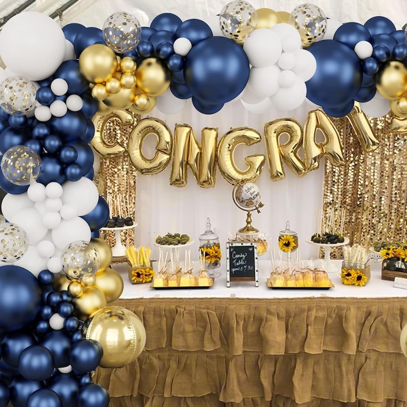 174pcs Navy Blue Gold Balloons Garland Arch Kit, Metallic Gold Latex White Confetti Mixed Sizes ...