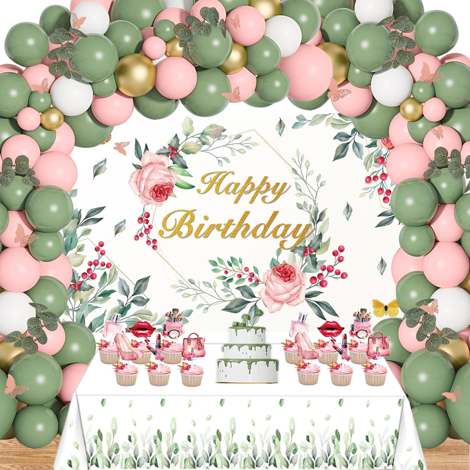 Sage Green Birthday Party Decorations Supplies Including Floral ...
