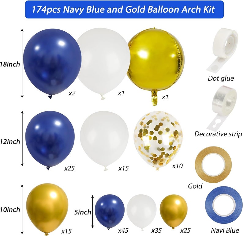 174pcs Navy Blue Gold Balloons Garland Arch Kit, Metallic Gold Latex White Confetti Mixed Sizes ...