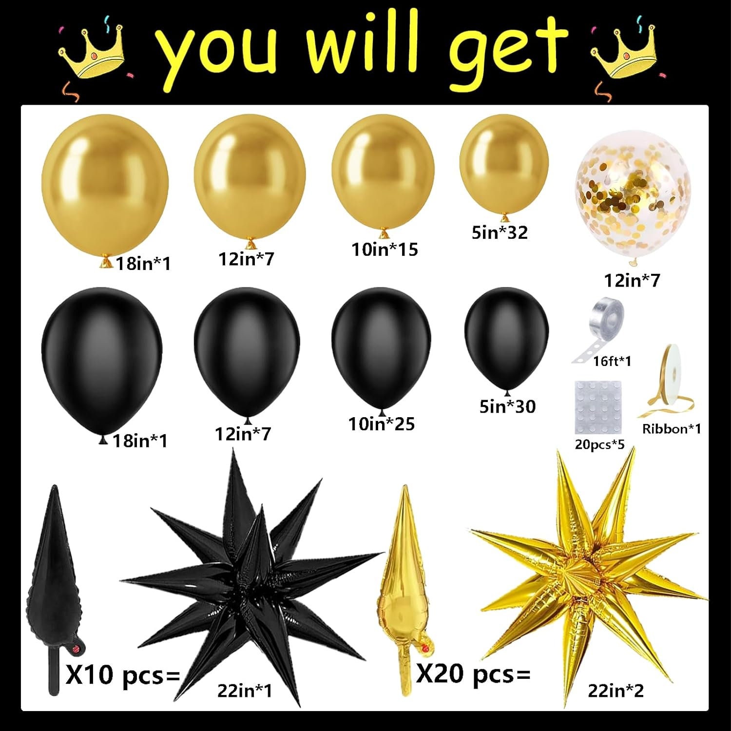 Black and Gold Balloon Garland Arch Kit 158pcs With Black Gold Confetti ...