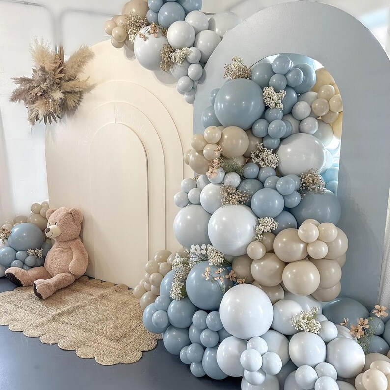Dusty Blue White Sand Balloon Arch Garland Kit 141pcs Slate Fog Baby Blue Sand White Beige ...