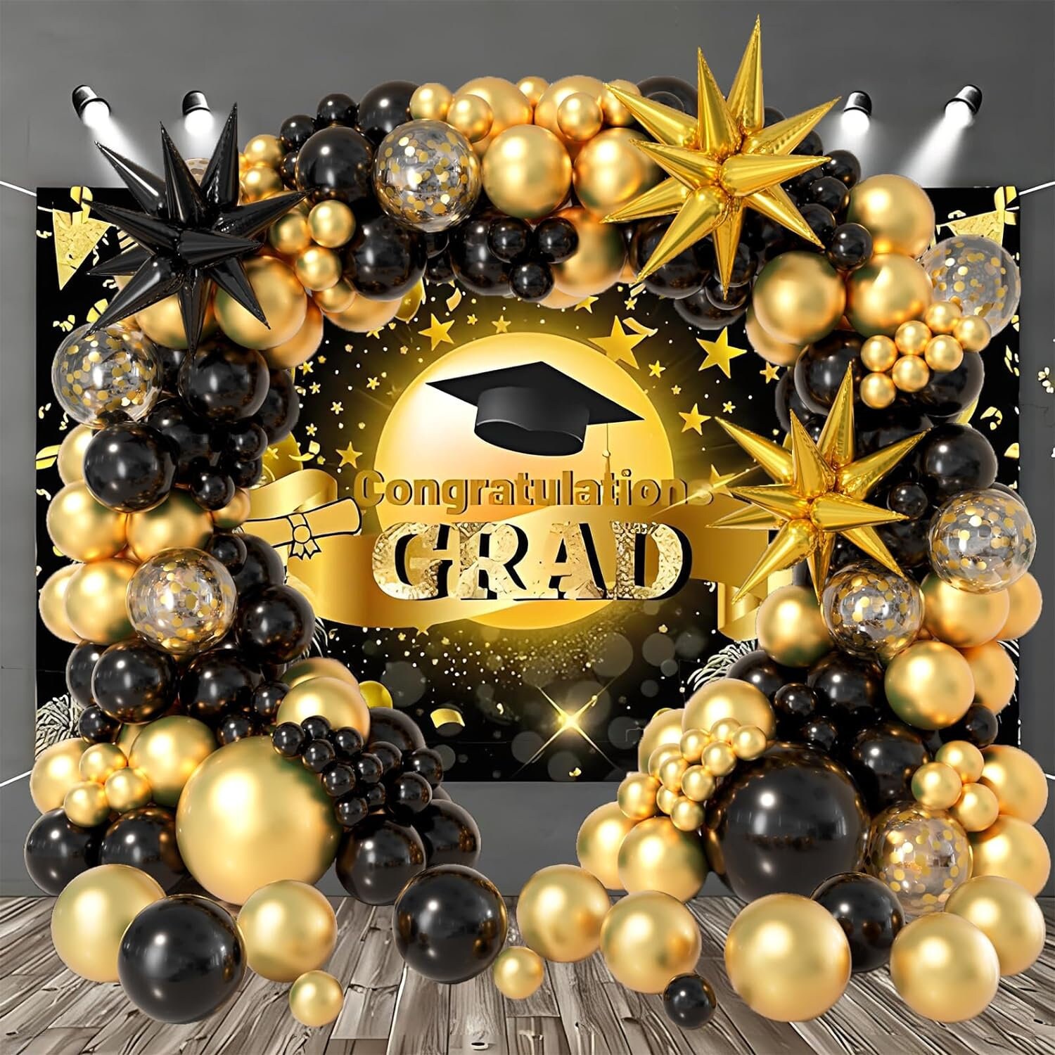 Black and Gold Balloon Garland Arch Kit 158pcs With Black Gold Confetti ...