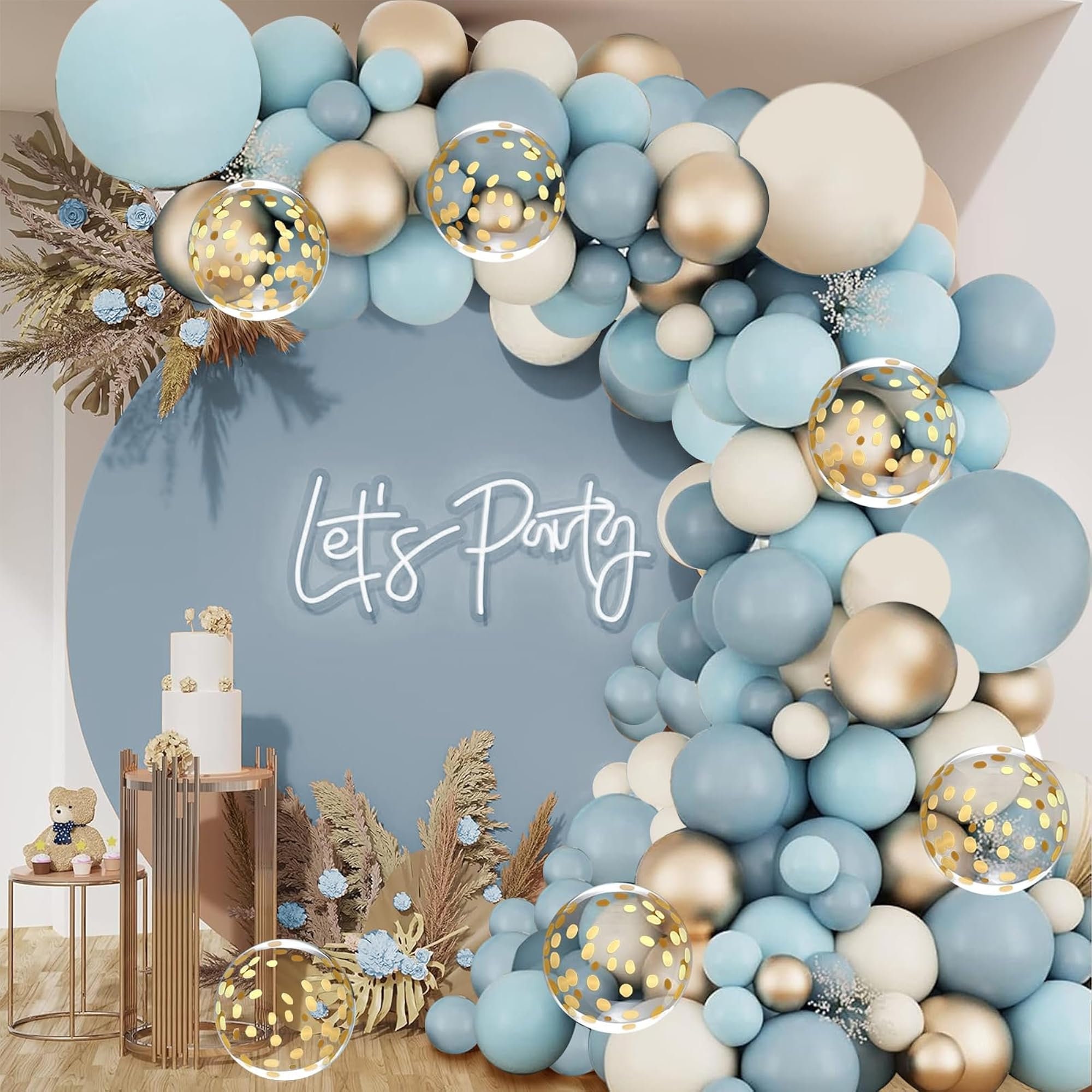 Dusty Blue Balloon Garland Kit, Dusty Slate Fog Baby Blue Metallic Gold ...