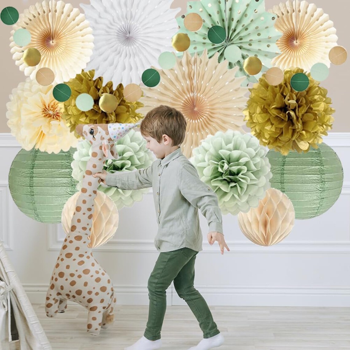 Sage Party Decorations Sage Green and Gold Paper Pom Poms Paper Fans ...