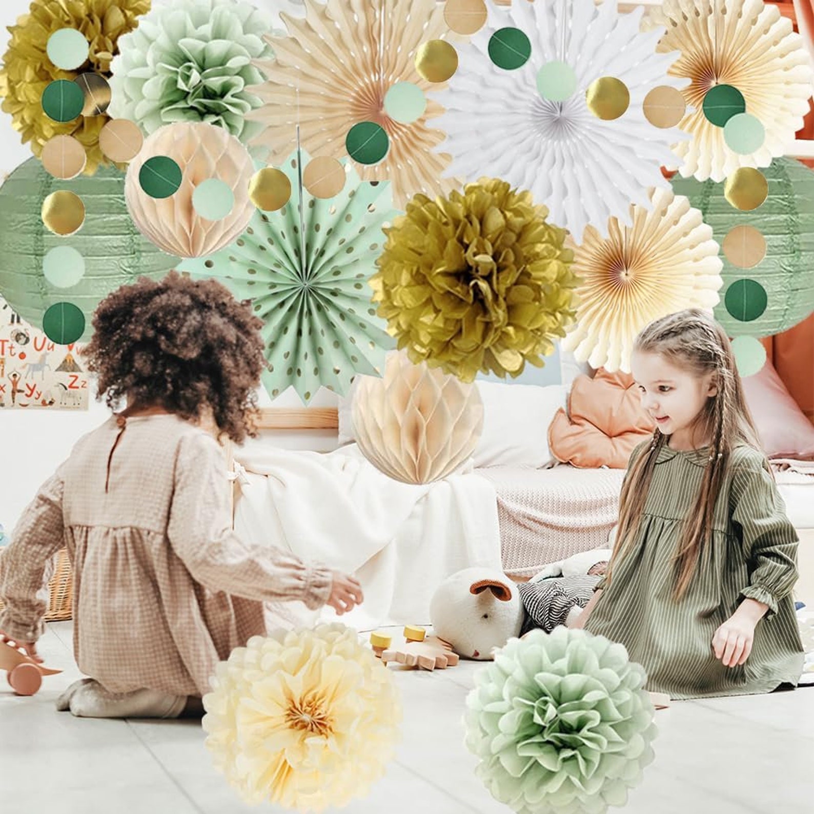 Sage Party Decorations Sage Green and Gold Paper Pom Poms Paper Fans ...