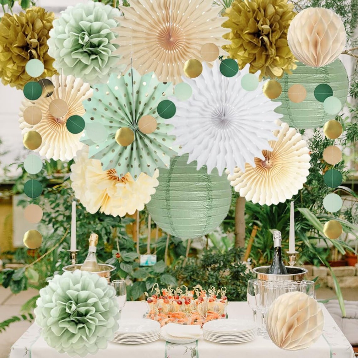 Sage Party Decorations Sage Green and Gold Paper Pom Poms Paper Fans ...