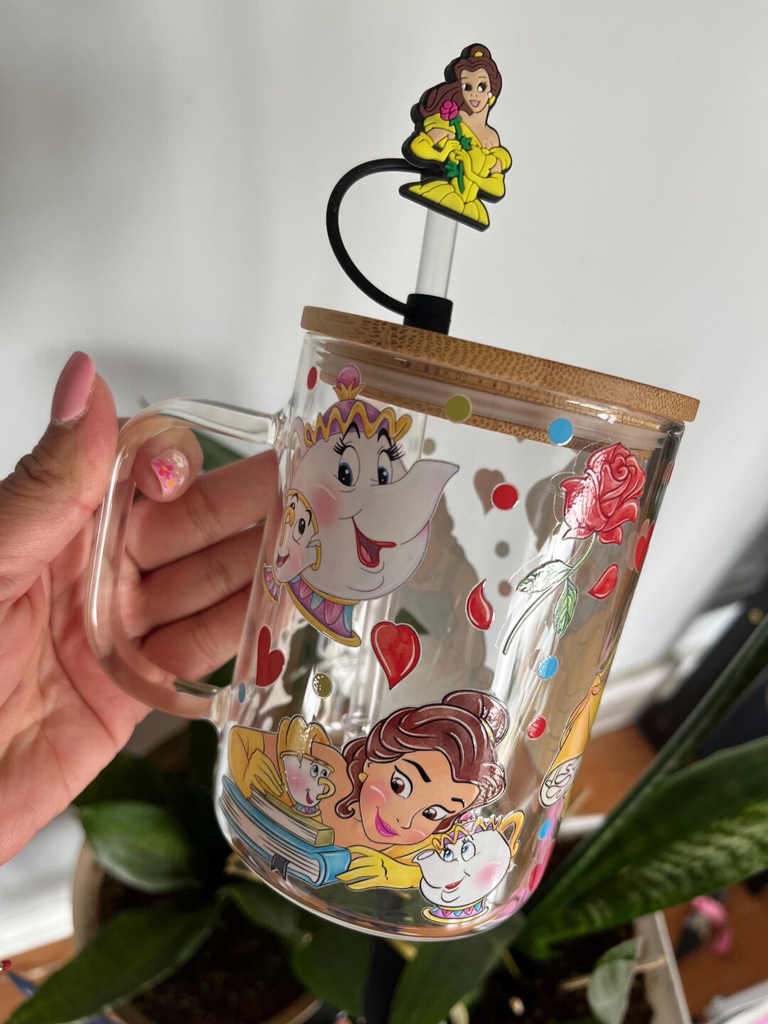 Belle Princess Glass Mug: 16oz With Lid & Straw - Etsy