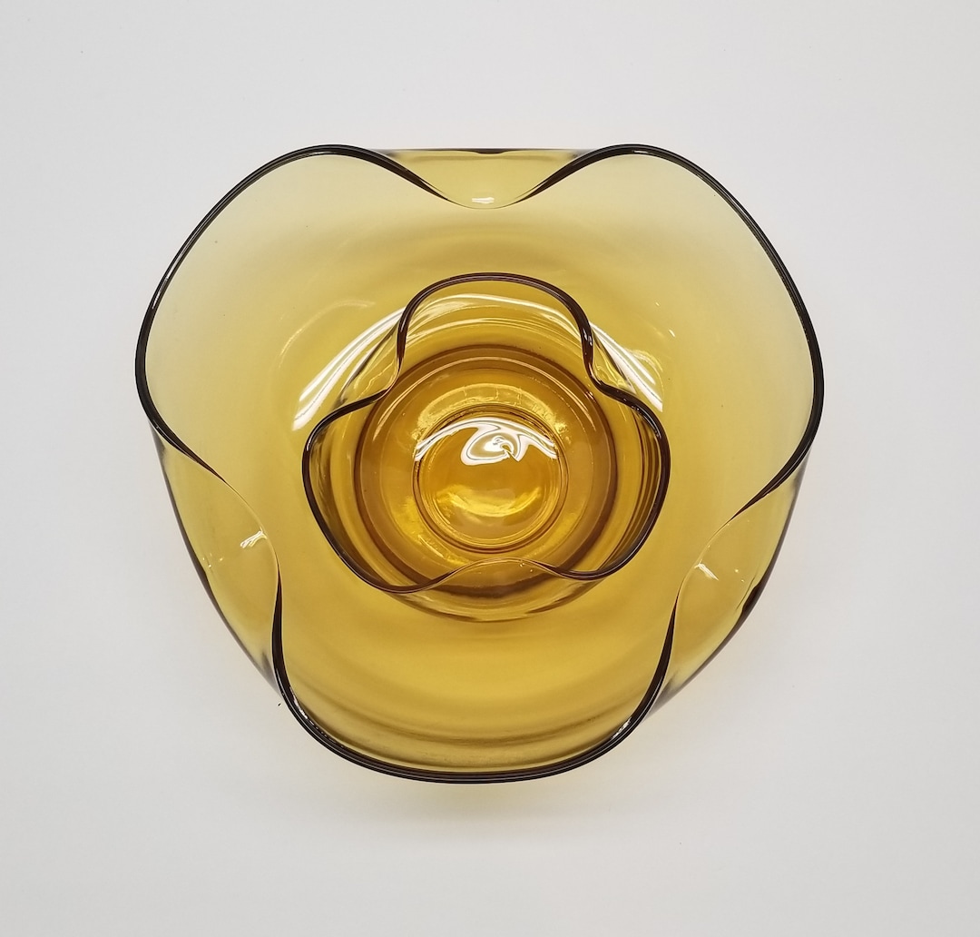 Vintage Amber Glass Wavy Chip and Dip Bowl Set Perfect for Entertaining ...