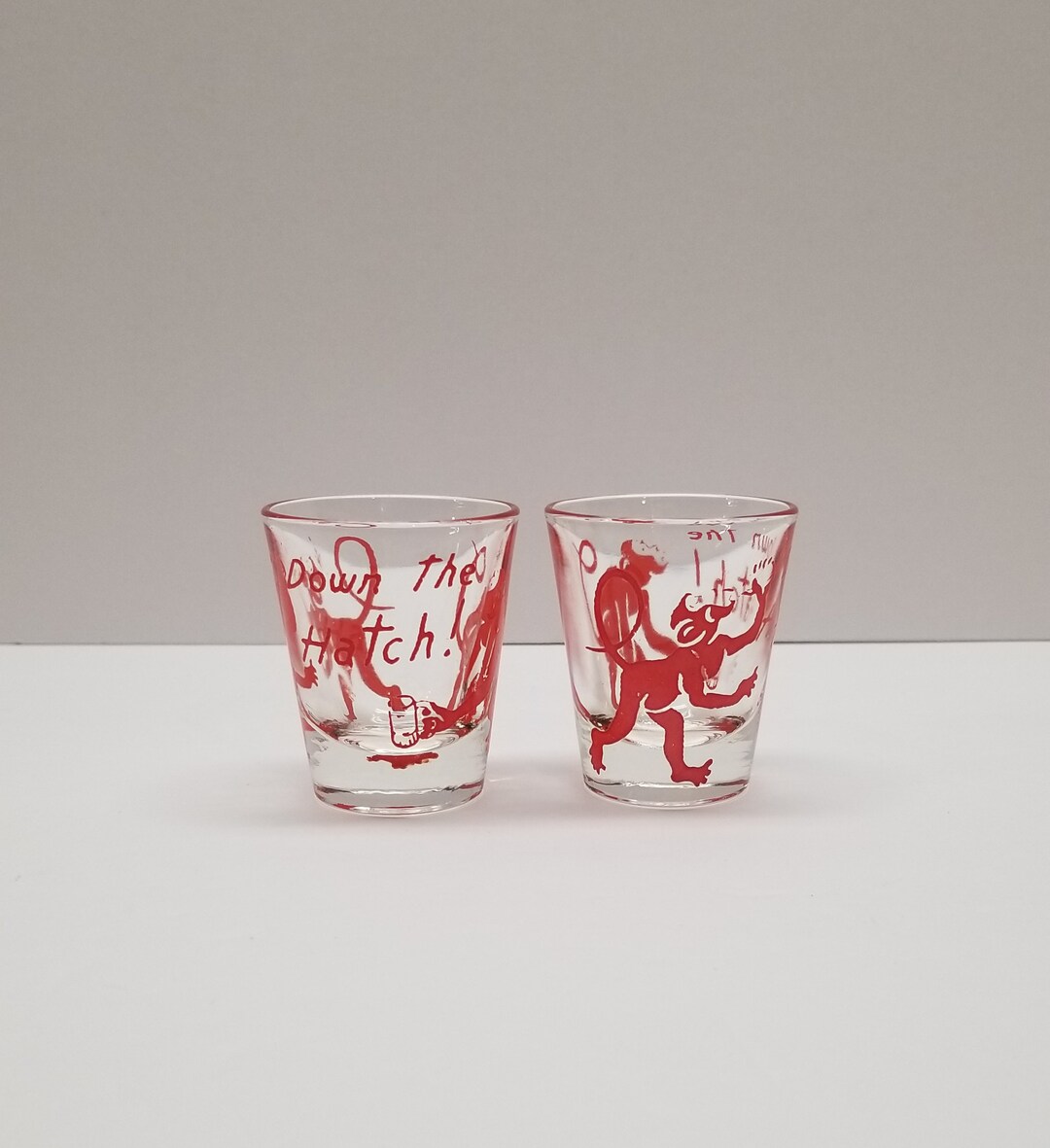 Vintage MCM Down the Hatch Monkeys Drinking Funny Shot Glasses (2 ...