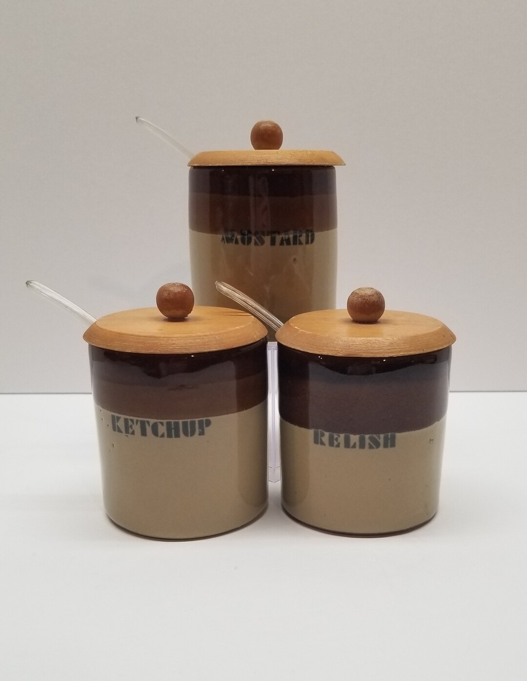 Vintage Mini Crock Condiment Set Primitive Style With Lids and Spoons ...