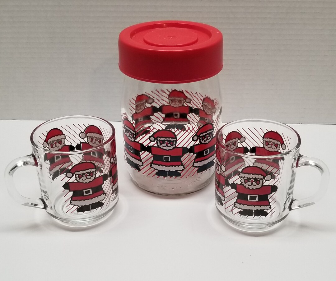 Vintage Luminarc Santa Mugs and Carlton Glass USA Santa Jar - Etsy